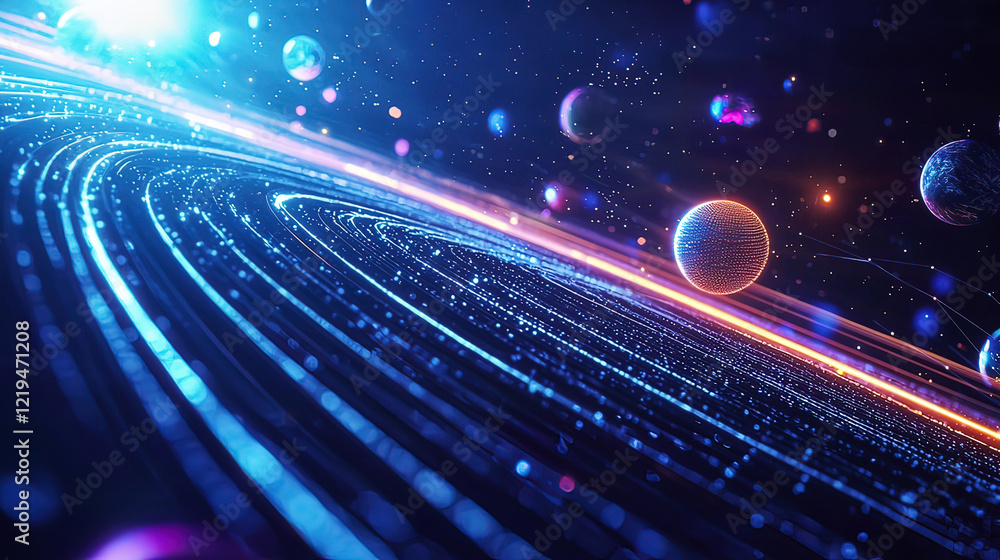 Photorealistic holographic display of a rotating solar system, glowing ...