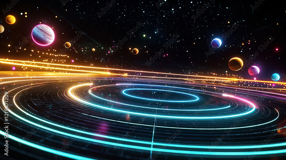 Photorealistic holographic display of a rotating solar system, glowing ...