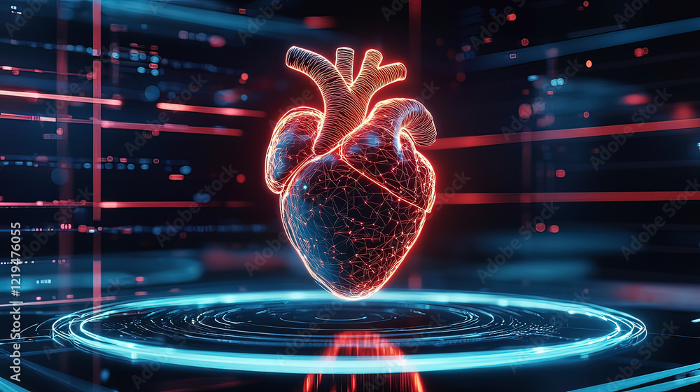 Photorealistic holographic medical display of a 3D heart, rotating mid ...