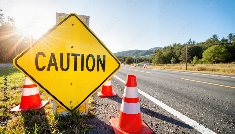 Caution sign near highway maintenance with cones, road safety awareness ...