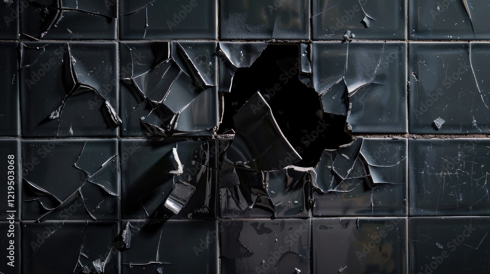 A ceramic glossy tile wall with realistic cracks and tiles broken ...