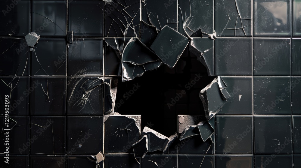 A ceramic glossy tile wall with realistic cracks and tiles broken ...