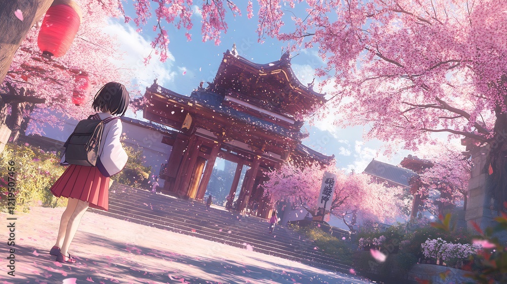 Anime Girl in Cherry Blossom Wonderland at Japanese Temple Gate Stock ...
