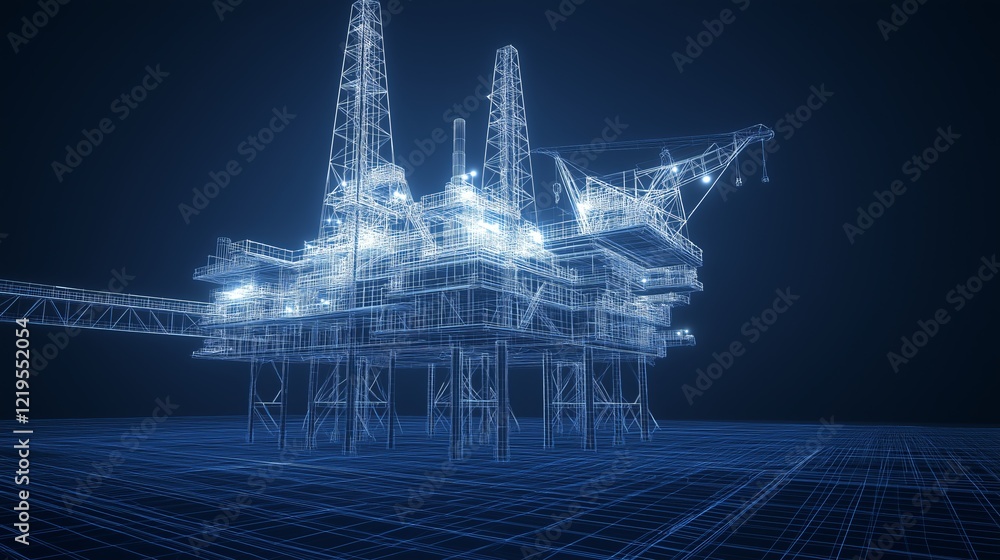 Offshore oil rig wireframe blueprint, high-tech engineering design ...