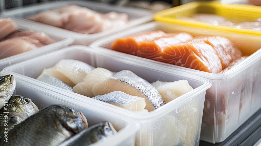 Plastic containers filled with filleted freshwater fish, cleanly cut ...