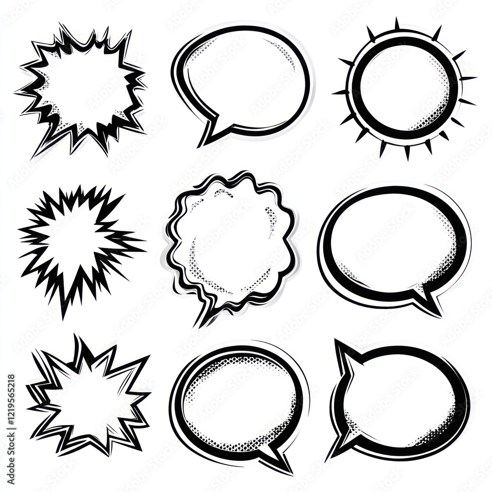 Collection of nine speech bubbles featuring distinct styles and shapes ...