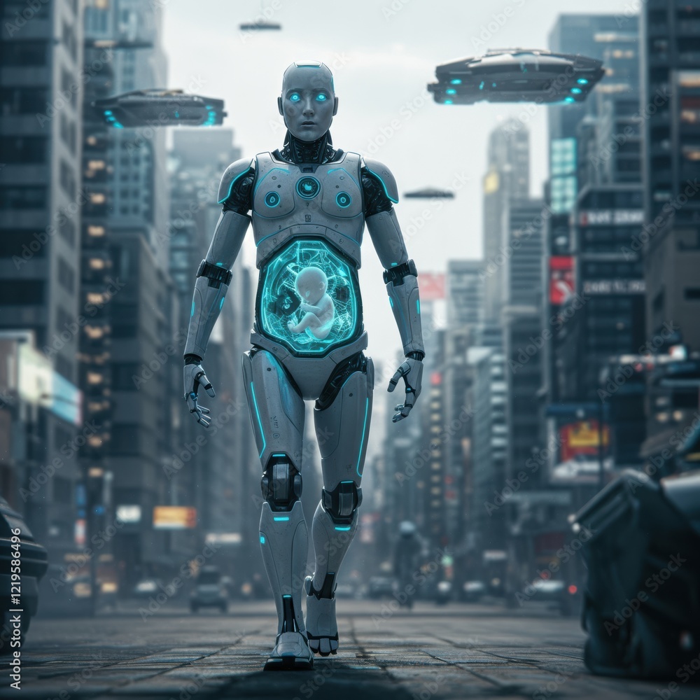 Futuristic robot with transparent belly reveals human fetus in urban ...