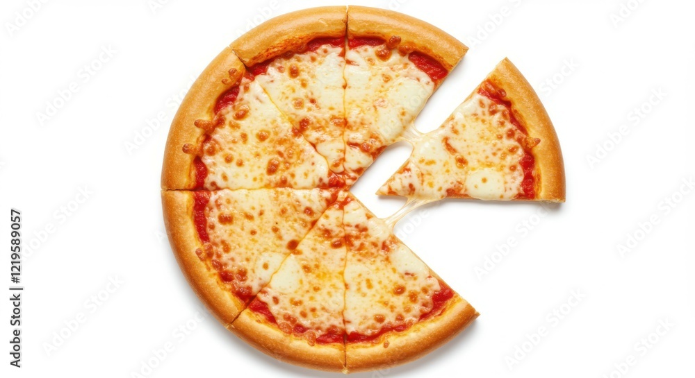 Pizza, cheese pizza, circular shape, slice missing, overhead view ...