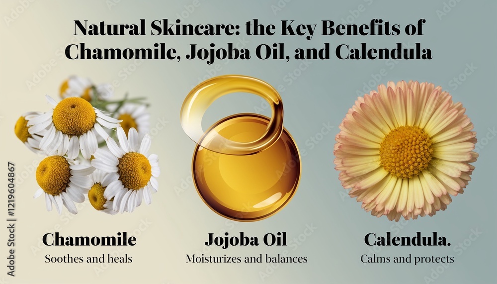 Infographic on natural skincare benefits of chamomile, jojoba oil, and ...