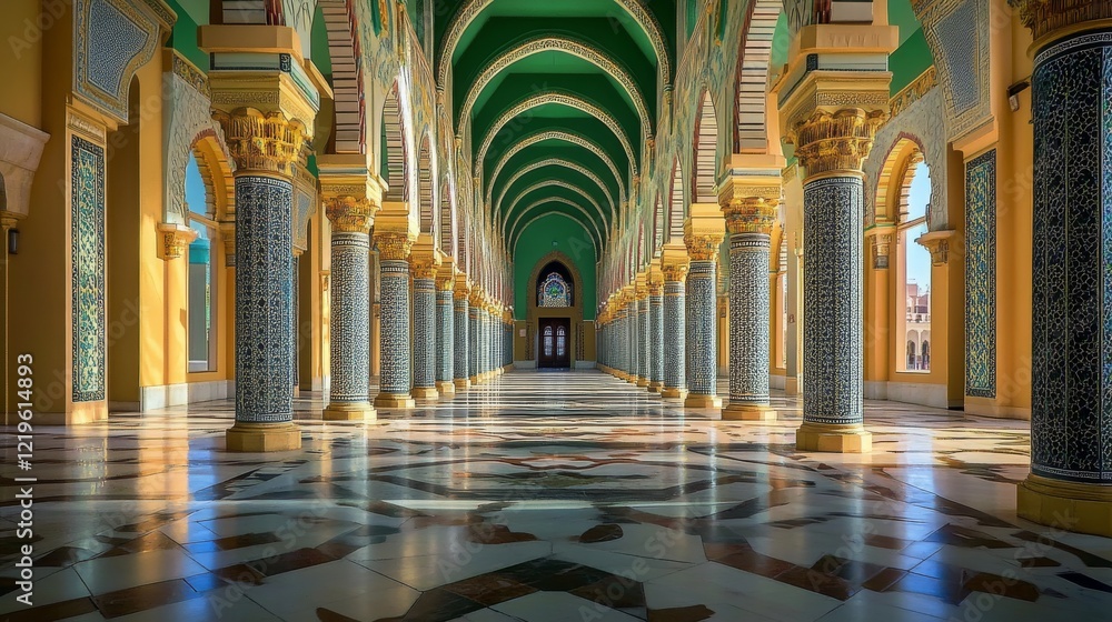 General view green dome and Moorish pattern arches of Nabawi mosque in ...