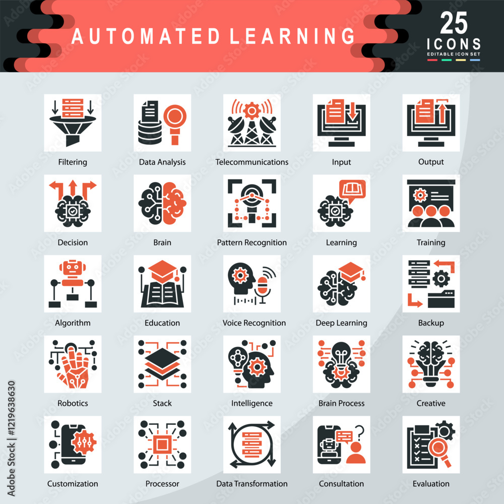 Automated Learning icon set containing Filtering, Data Analysis ...
