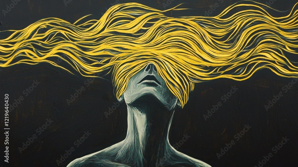 Abstract painting of a woman with flowing yellow hair obscuring her ...
