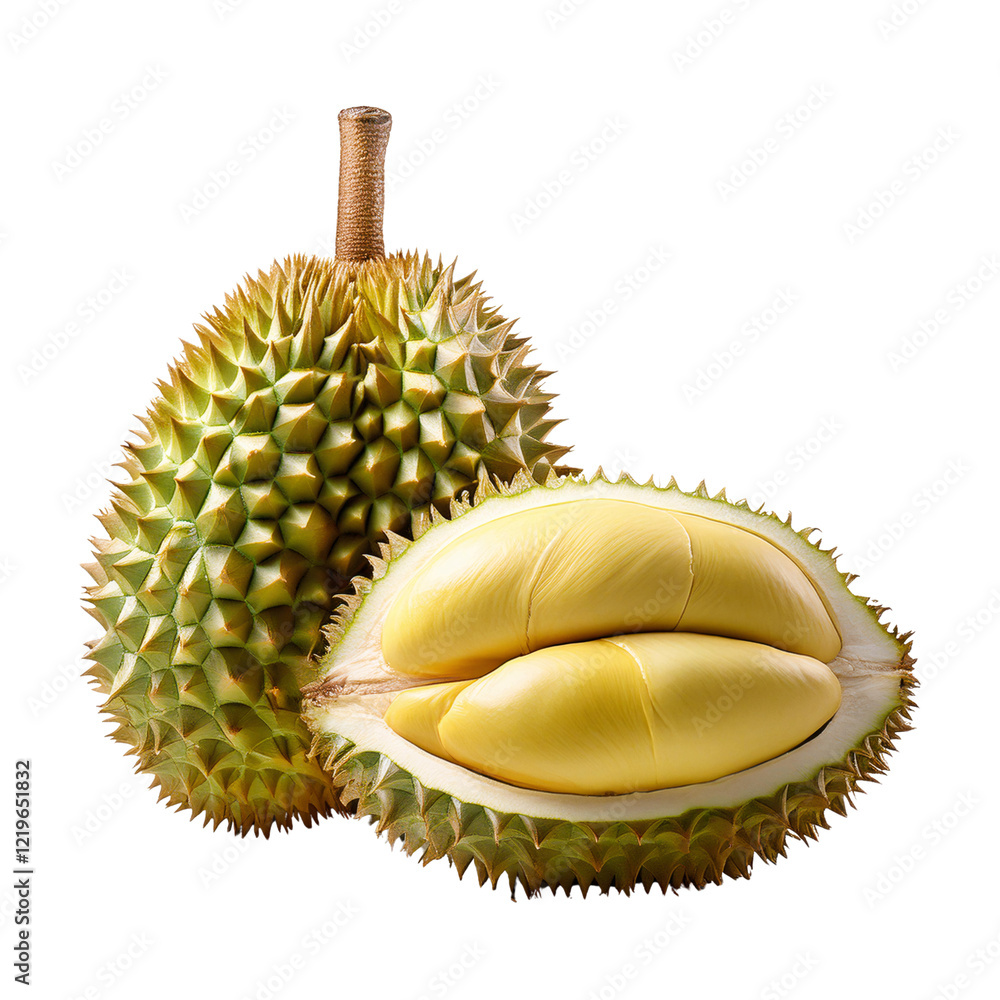 Durian Delicacy: A close-up of a whole durian fruit and a cut open ...