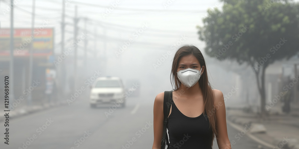 Masks worn by Asian individuals navigating urban haze in Southeast Asia ...