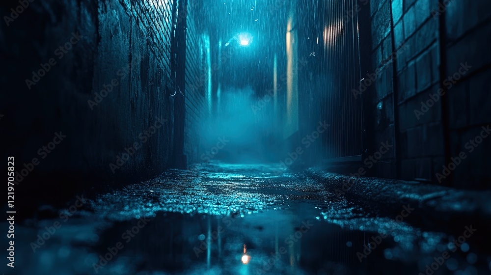 Dark alleyway at night with flickering street light, mysterious shadow ...