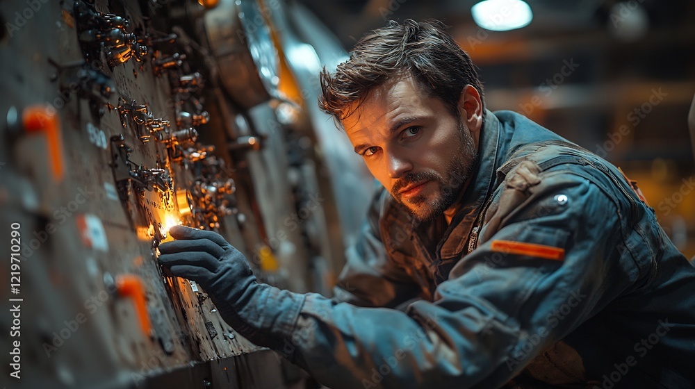 An aviation engineer with a flashlight closely examining a damaged ...