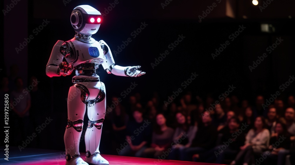 Futuristic humanoid robot presentation on stage before an audience ...