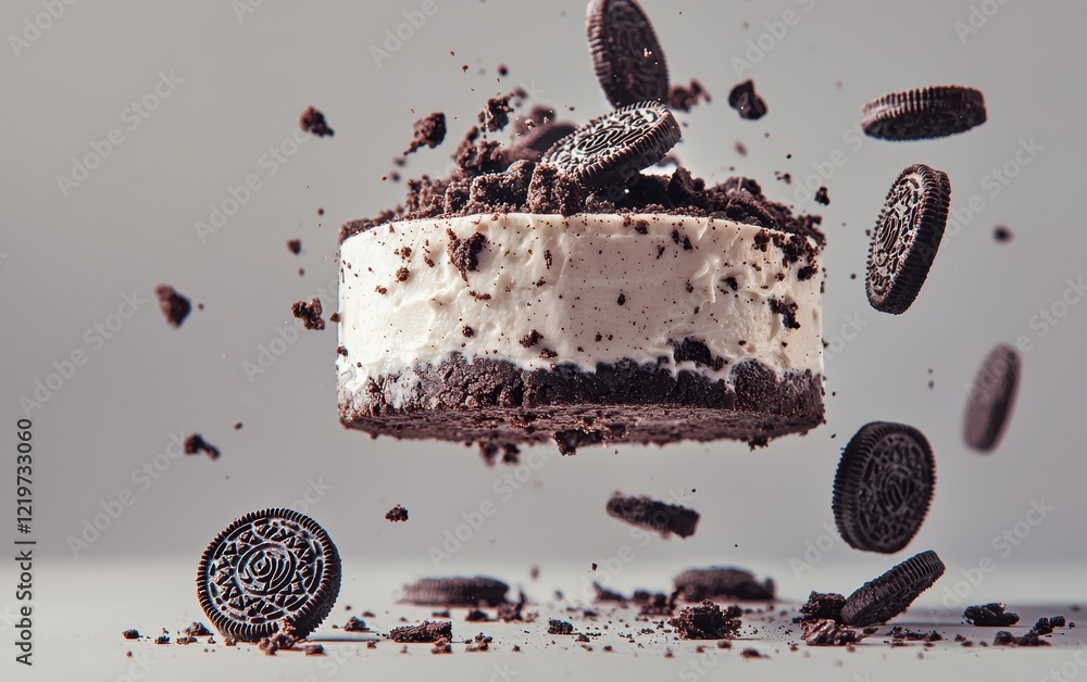 Oreo cheesecake floating dynamically, crushed cookie crumbs in mid-air ...