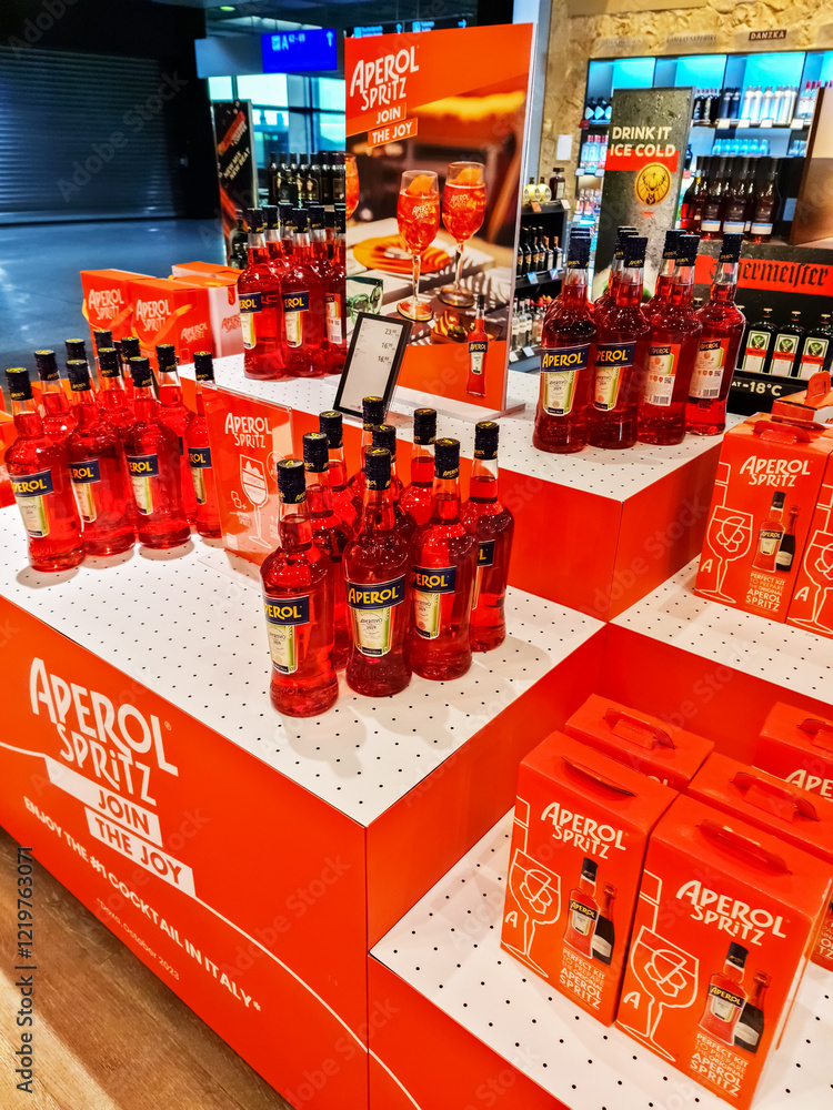 Kiel, Germany 25 January 2025: Aperol Spritz display showing bottles ...