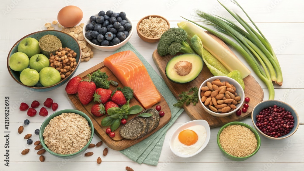 Choline-Rich Foods Flatlay Composition of Salmon, Berries, Eggs and ...