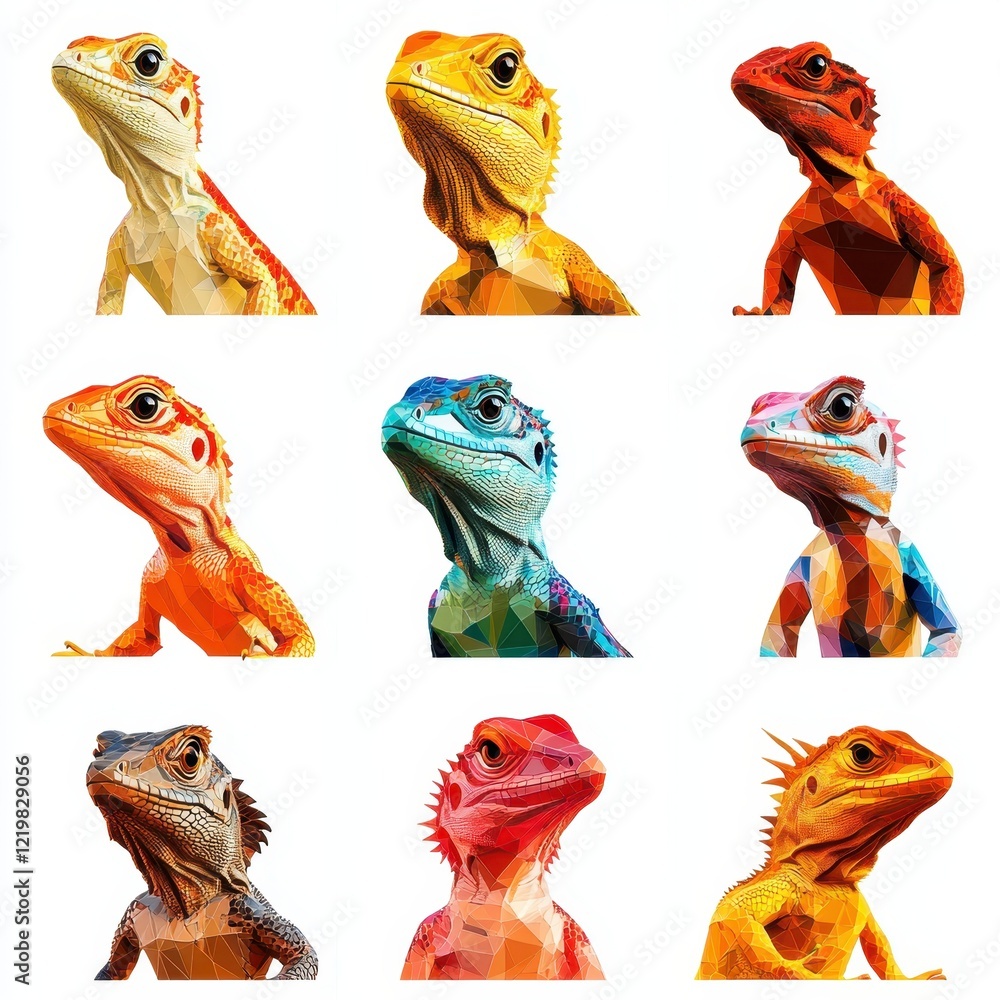 Colorful Dragon Lizards: A vibrant collection of nine polygonal dragon ...
