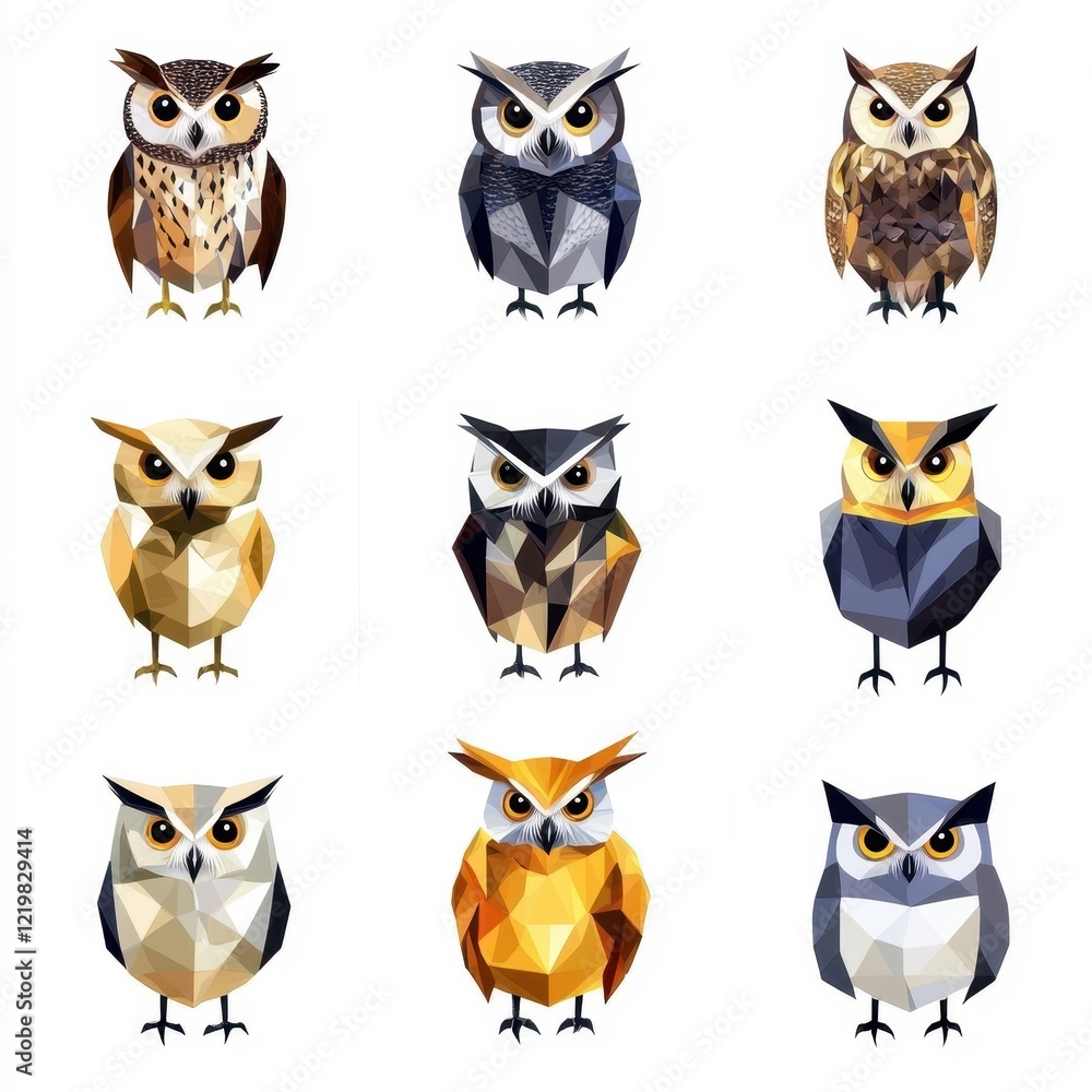Low Poly Owl Collection: A set of nine low polygon owls in diverse ...