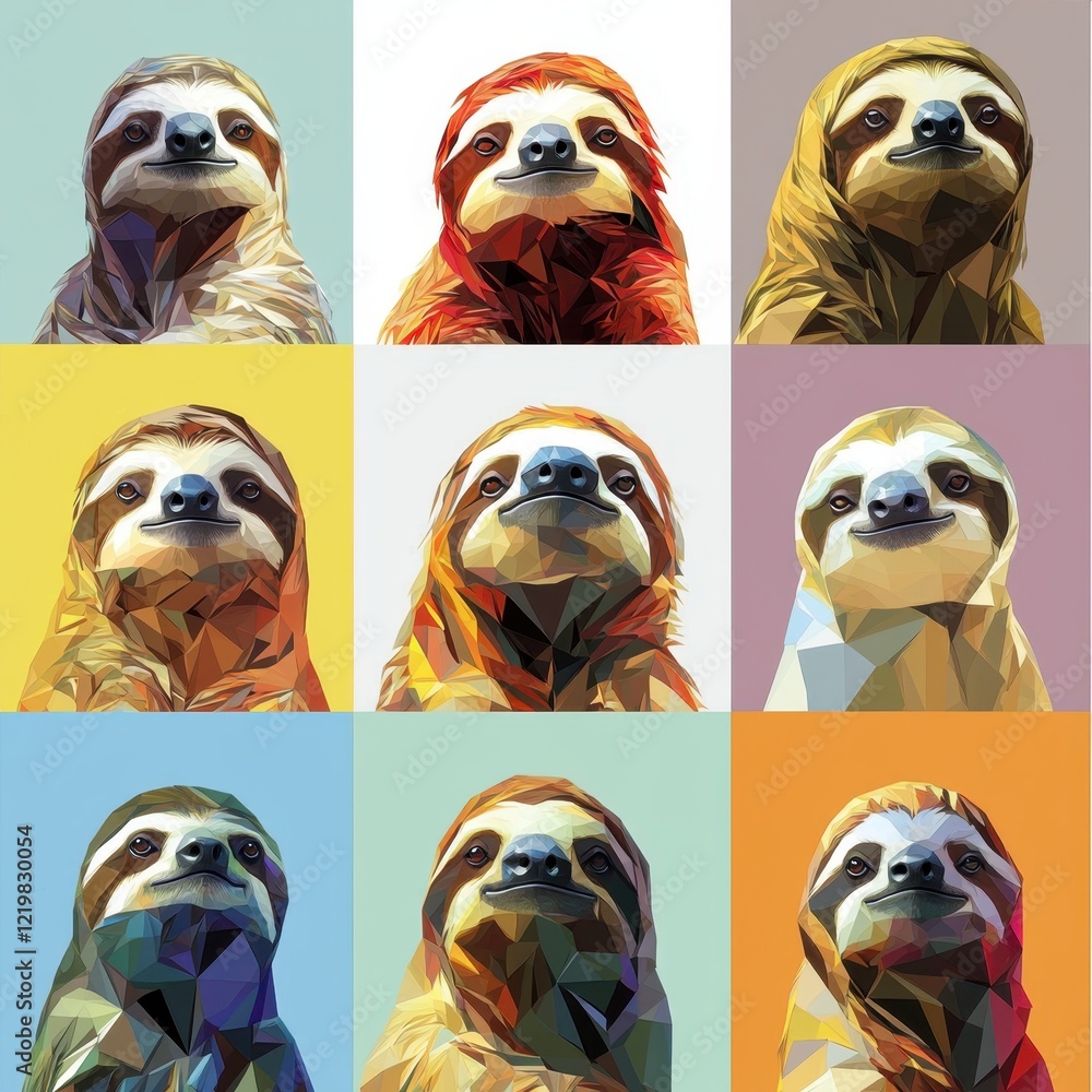 Nine Sloth Portraits: A playful and colorful grid featuring nine ...
