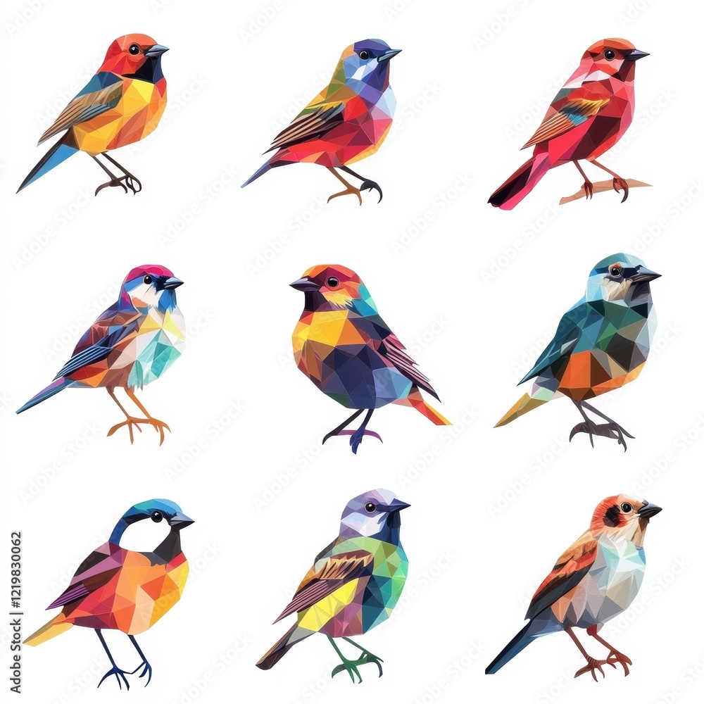 Geometric Bird Collection: A vibrant collection of nine geometric birds ...