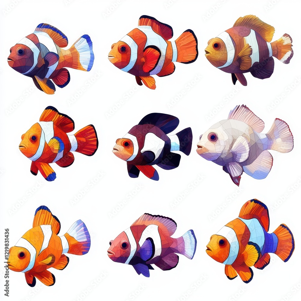 Clownfish Collection: A vibrant collection of nine polygon-style ...