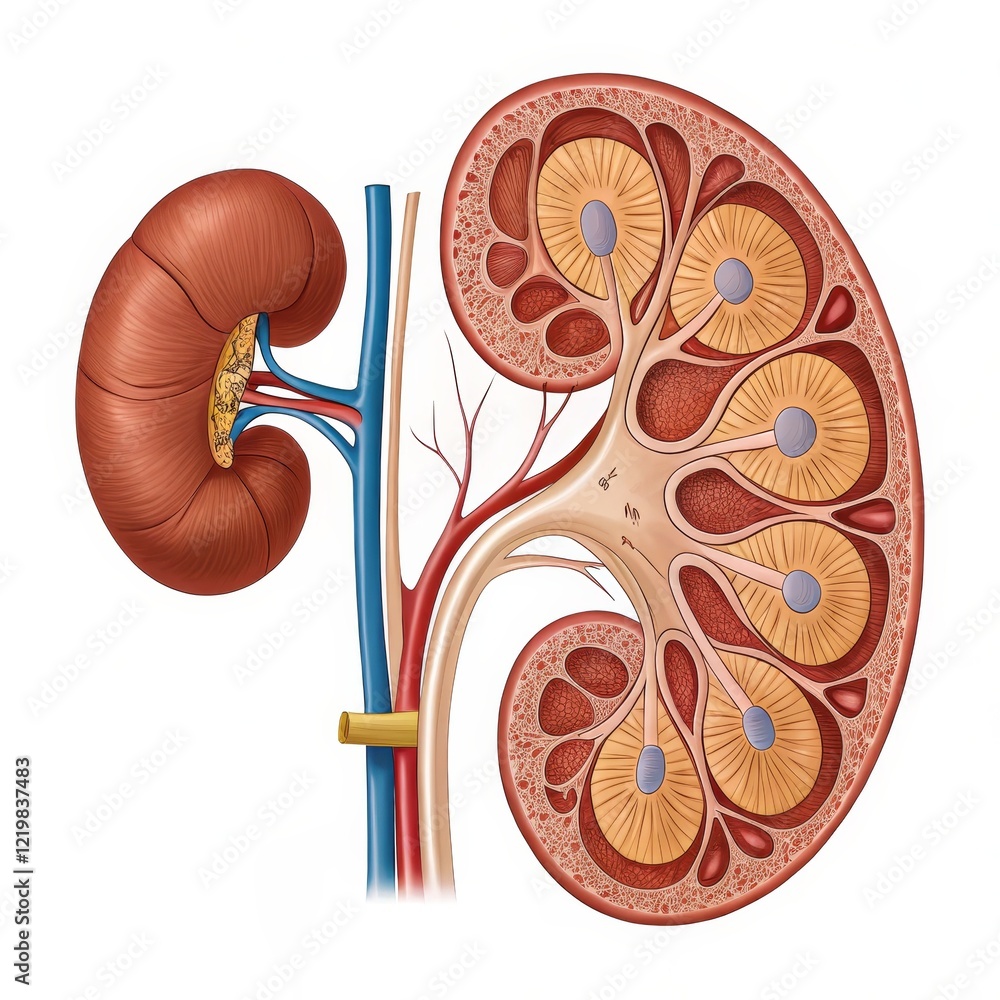 Ilustración de Stock Kidney Anatomy Cross-Section Illustration, Nephrons, Renal Vessels, Medical ...