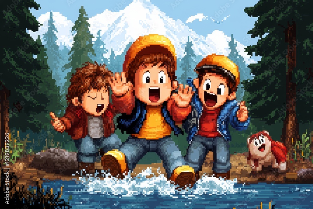A pixel art depiction of a character accidentally falling into a river ...