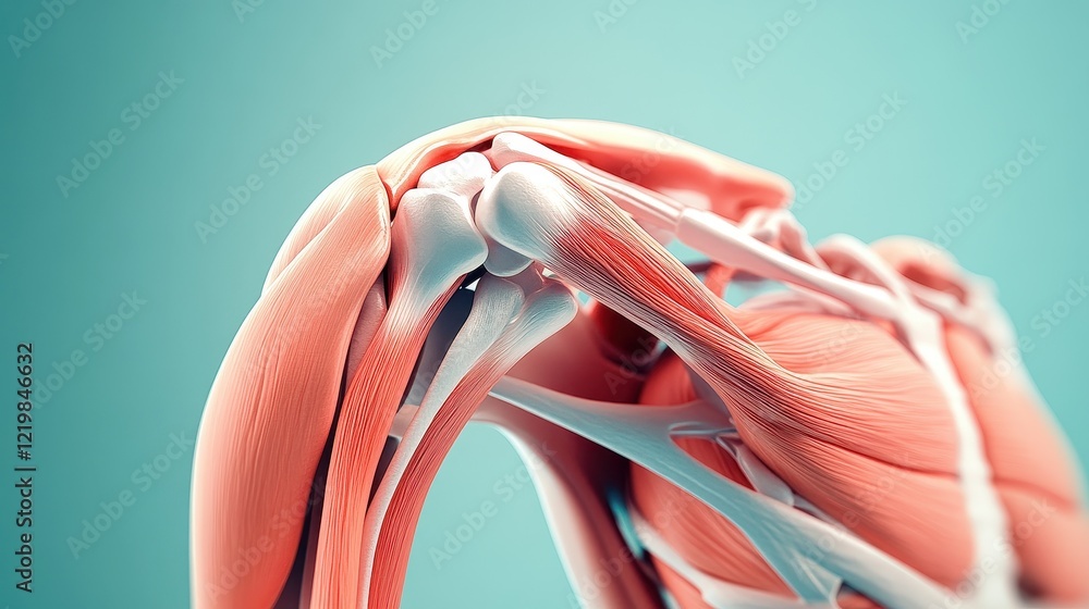 3D illustration of the human shoulder joint with muscles and ligaments ...