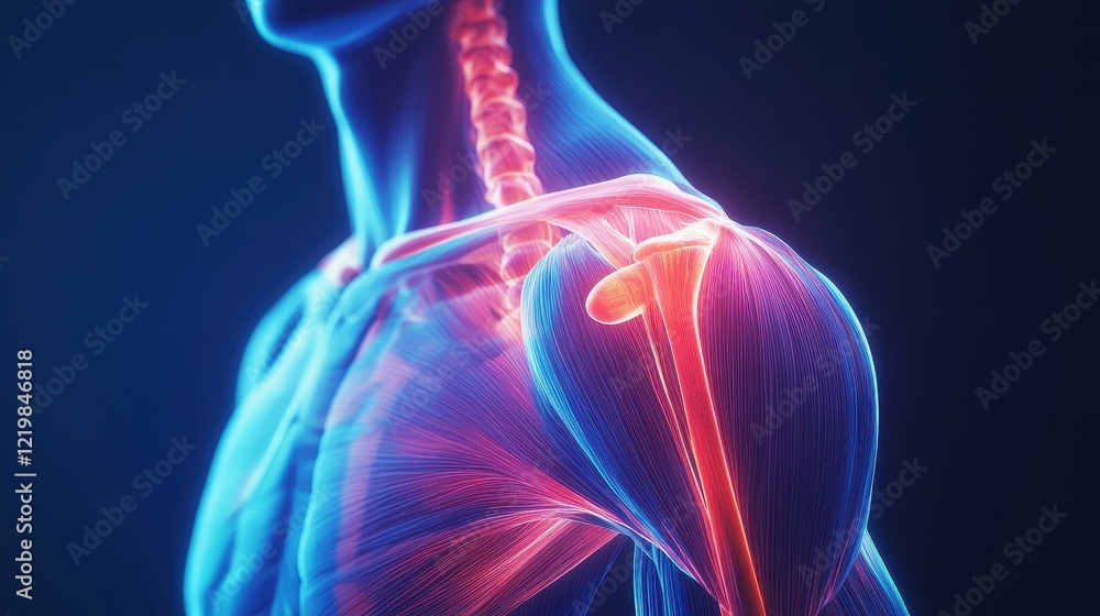 3D illustration of the human shoulder joint with muscles and ligaments ...