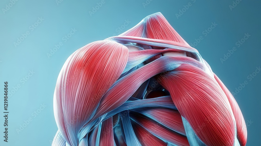 3D illustration of the human shoulder joint with muscles and ligaments ...