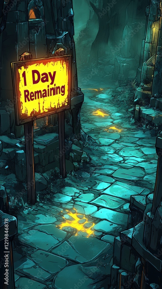 Mysterious Fantasy Dungeon with Glowing Pathway and Countdown Sign ...