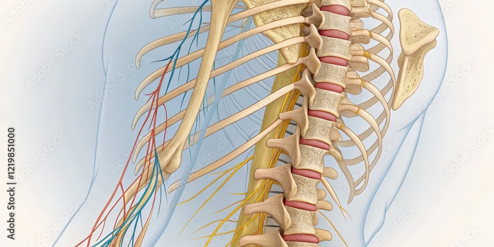 Thoracic Spine Anatomy 3D Illustration of Ribs, Vertebrae, Nerves and ...