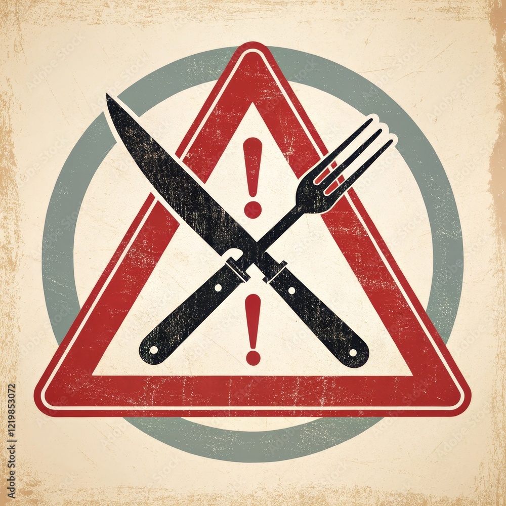 Warning Sign Crossed Cutlery in Red Triangle, Vintage Texture, Food ...