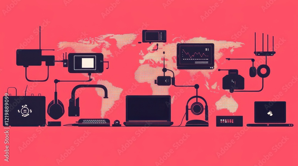 Visually simple flat art showing remote working network setup, laptops, headsets, and routers ...