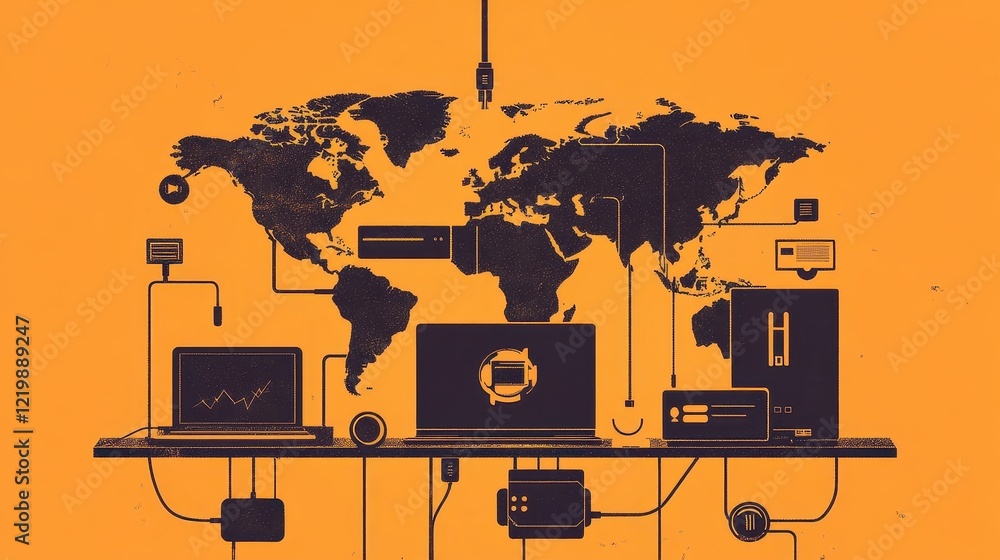 Visually simple flat art showing remote working network setup, laptops, headsets, and routers ...