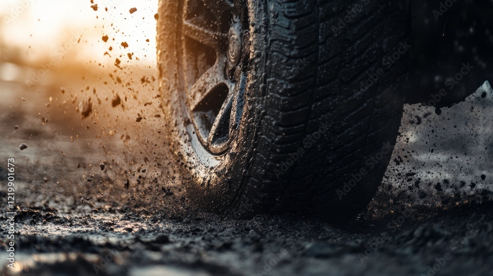 Tire Splashes Mud Under Harsh Sunlight Stock Photo | Adobe Stock