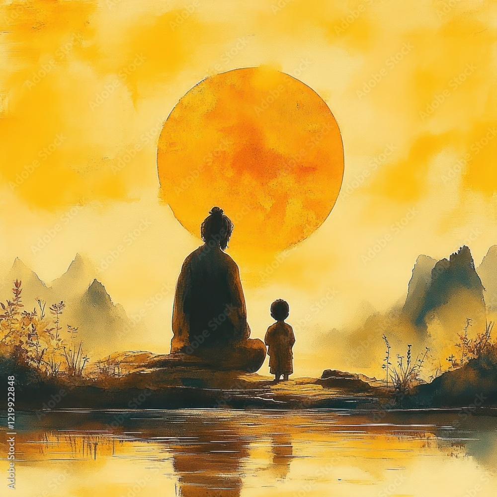 Watercolor illustration of a spiritual guru and disciple silhouette for ...