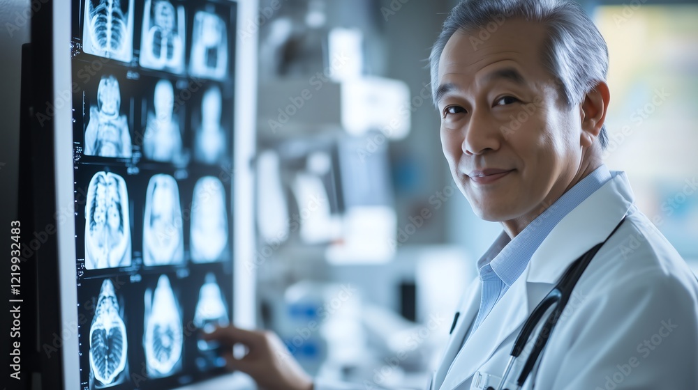 Senior Asian doctor reviewing radiography images in a modern hospital ...