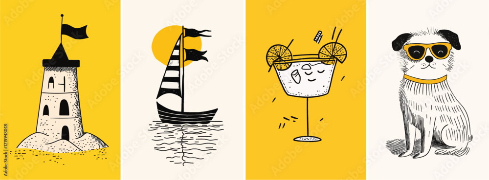 Summer holiday and travel hand drawn style poster illustration set ...