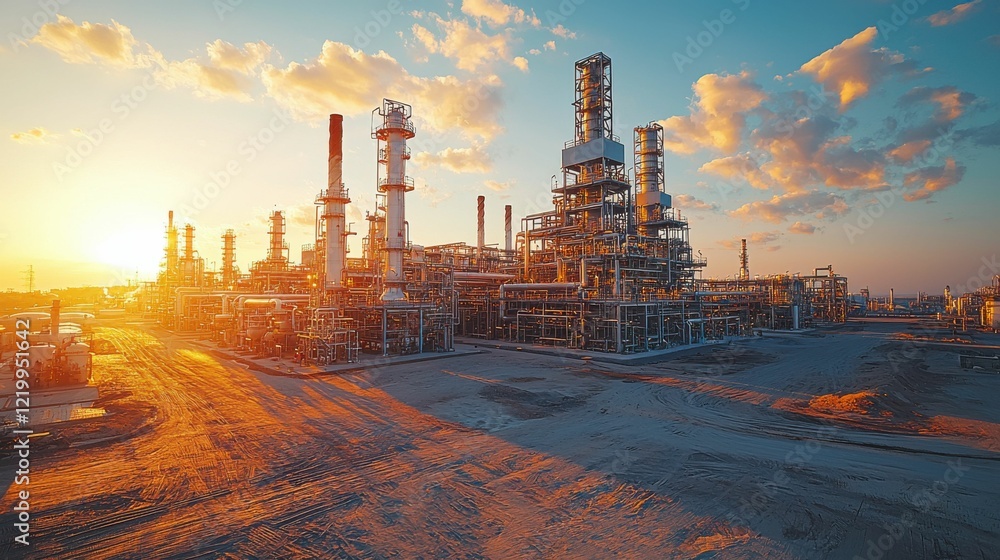A detailed photo of an oil refinery plant with pipes, valves, and ...