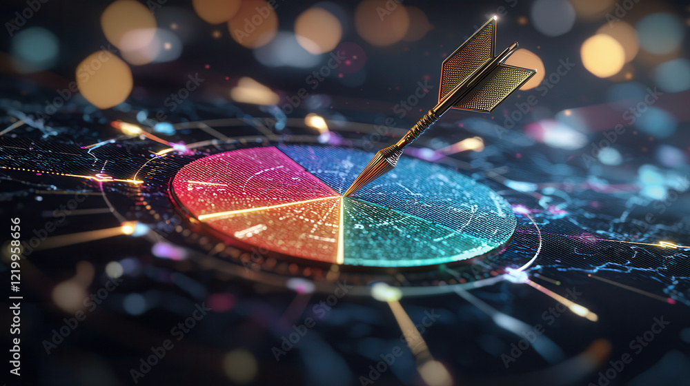 golden dart hits center of vibrant, segmented pie chart, symbolizing ...