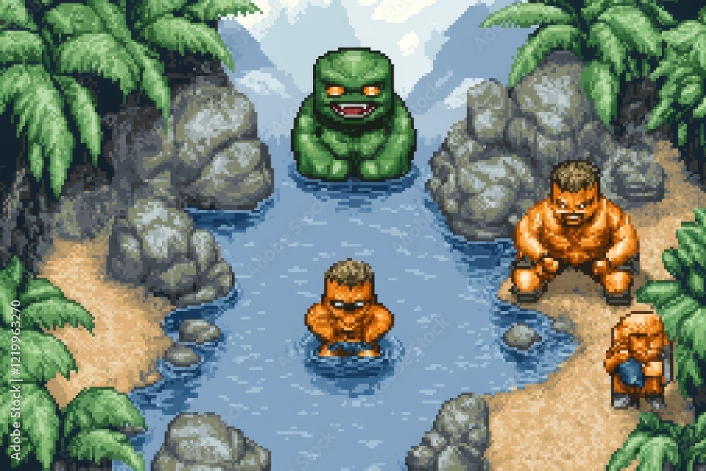 Ilustración de Stock A pixel art depiction of a character accidentally ...