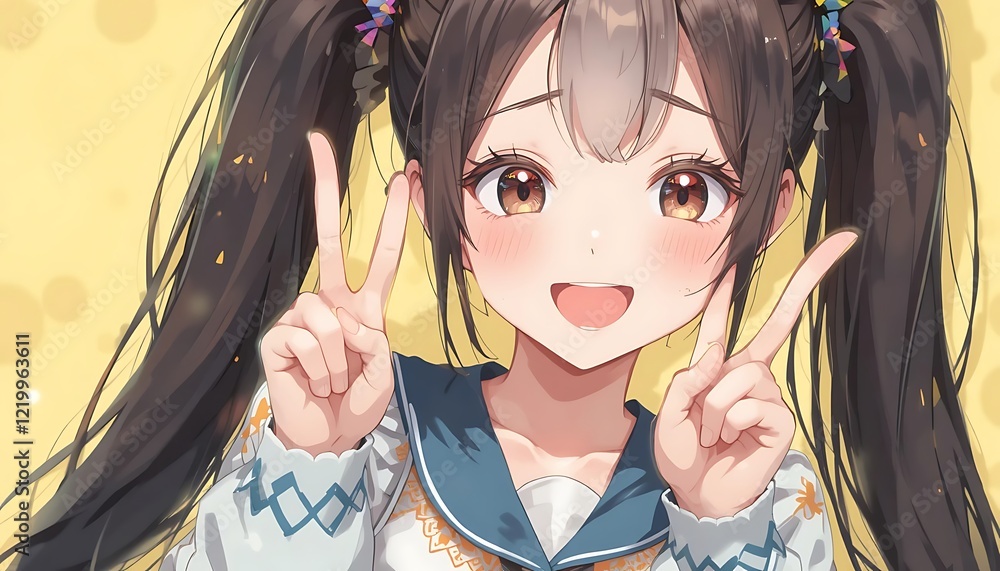 Anime Girl Doing a Peace Sign A bubbly anime girl with long twin tails ...