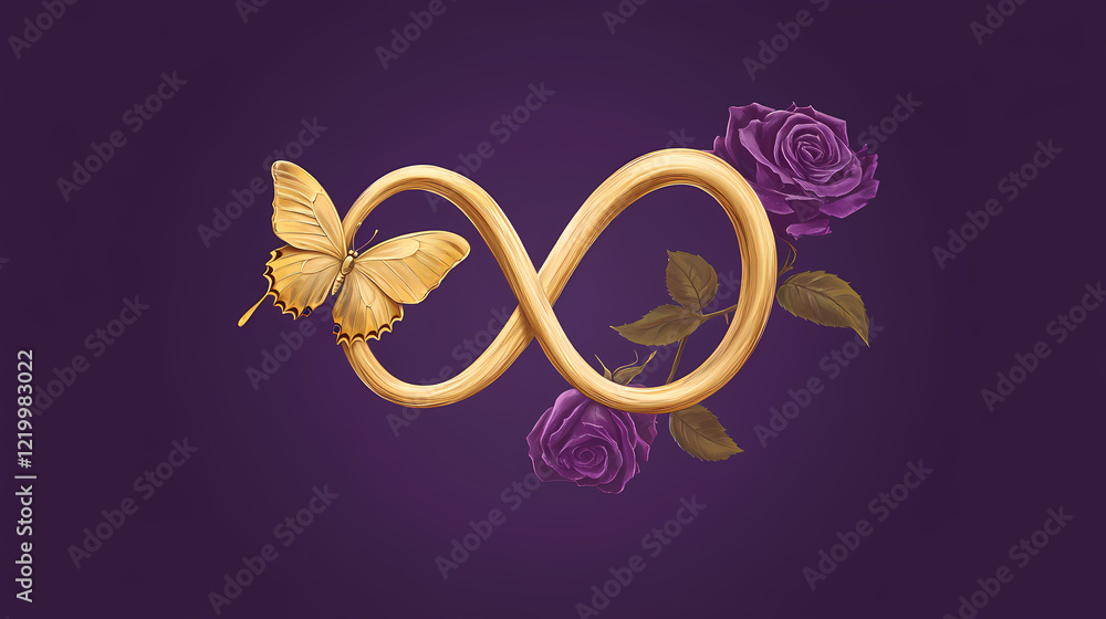 Infinity symbol with a gold butterfly and rose against an elegant ...