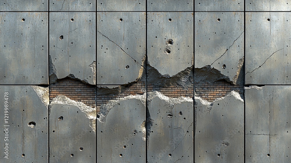 Damaged gray tiled wall with exposed bricks and bullet holes, for ...