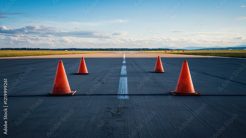 Several Traffic Cones Outlining a Restricted Area on an Airport Runway ...